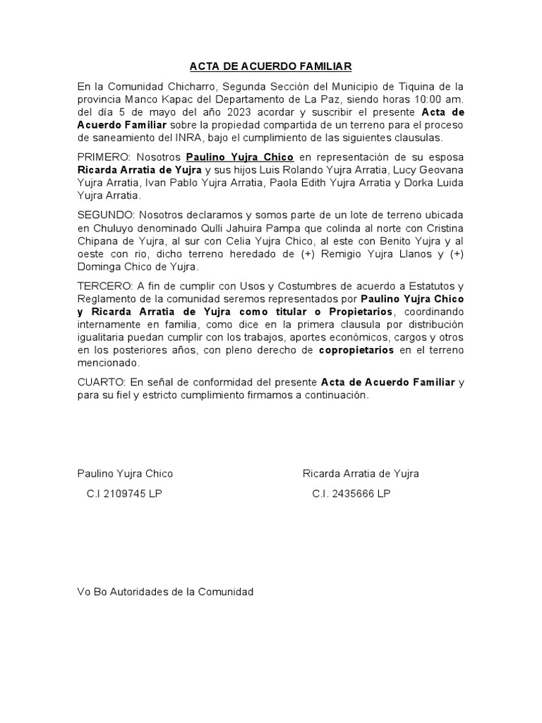 Acta de Acuerdo Familiar | PDF