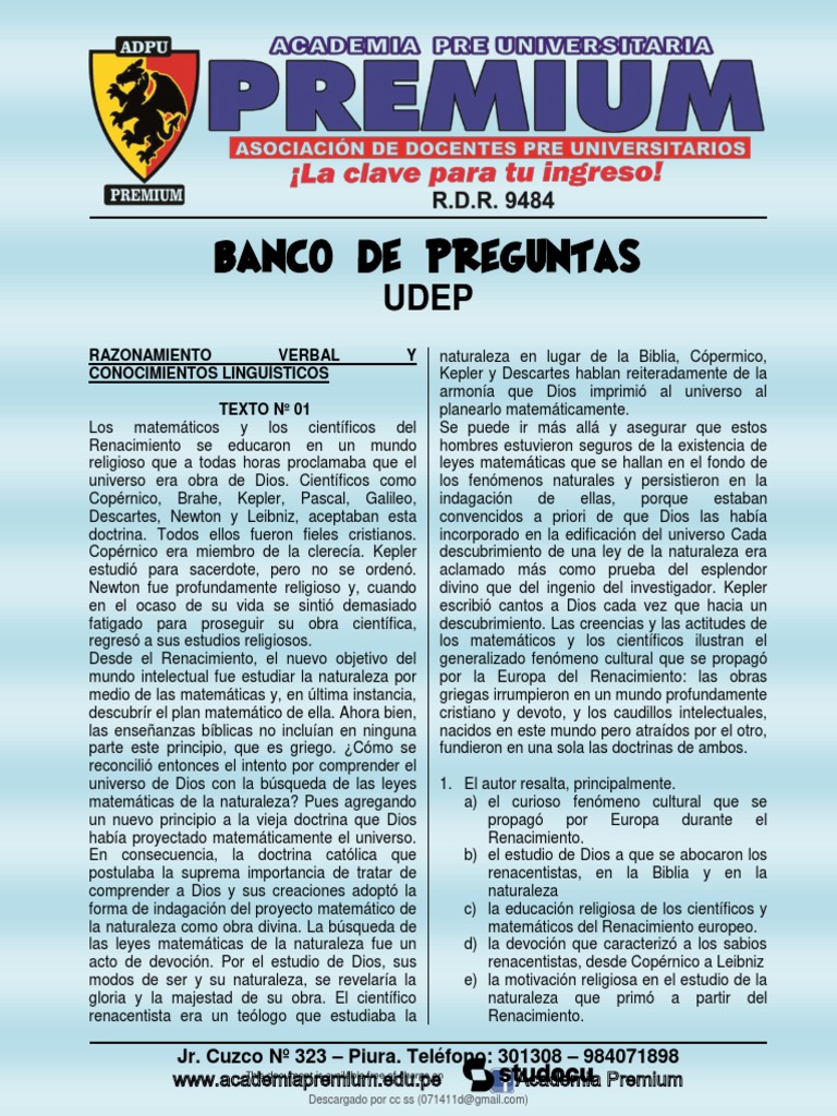 Banco-UDEP-01 - Preguntas Con Respuestas | PDF Banco-UDEP-01 - Preguntas Con Respuestas | PDF