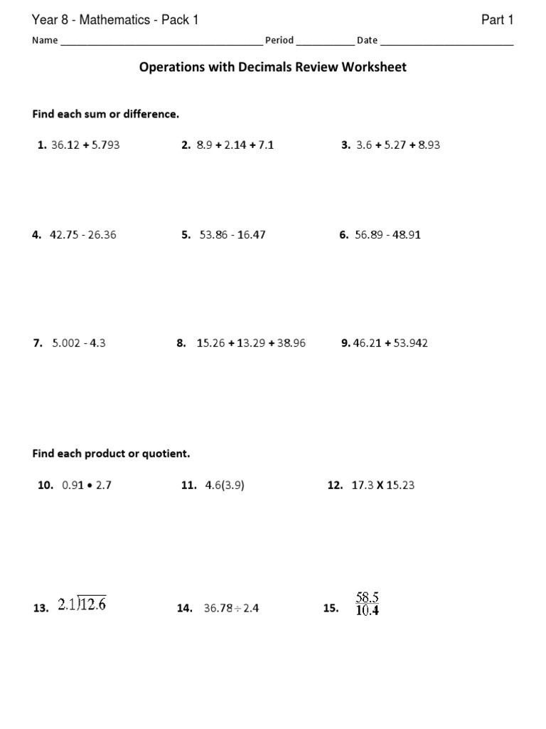 Year 8 Decimal Operations Review | PDF