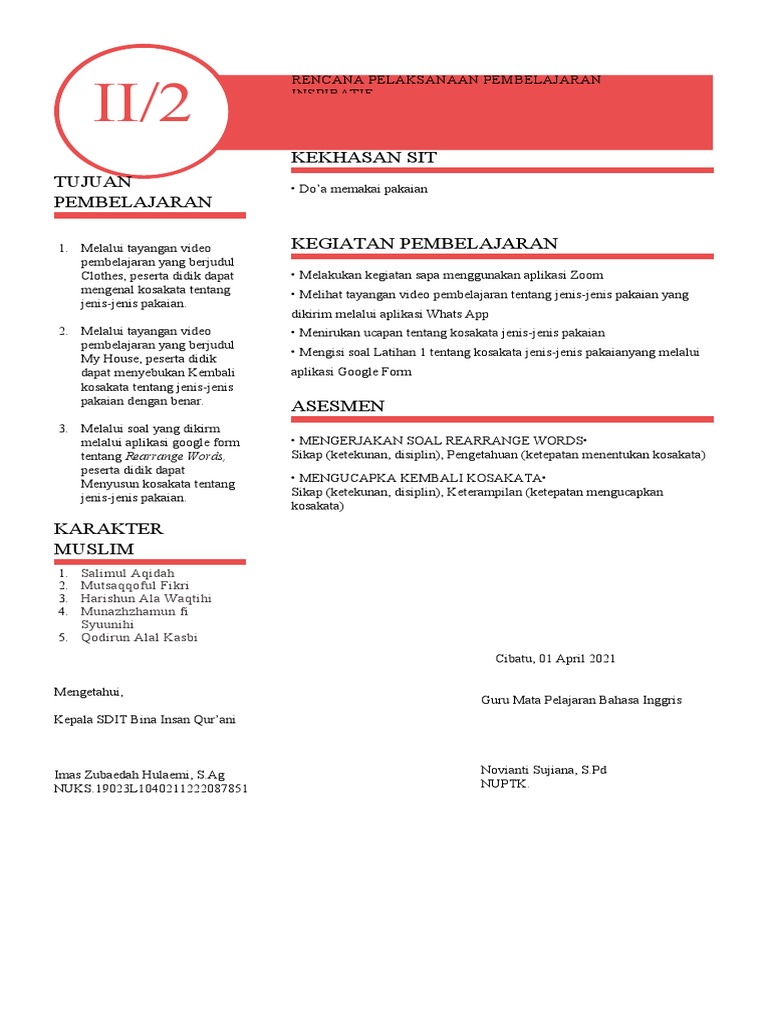 RPP Bahasa Inggris Kelas 2 Semester Genap (Clothes) | PDF