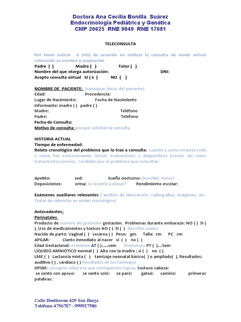 Ficha Clínica A Llenar Por Los Padres o Tutores Del Paciente | Descargar gratis PDF | El ...