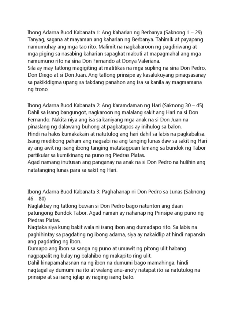 Ibong Adarna Buod Kabanata 1 T0 10 | PDF