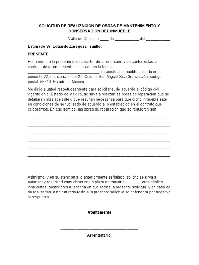 Solicitud de Mejoras en Inmueble Arrendsdo | PDF