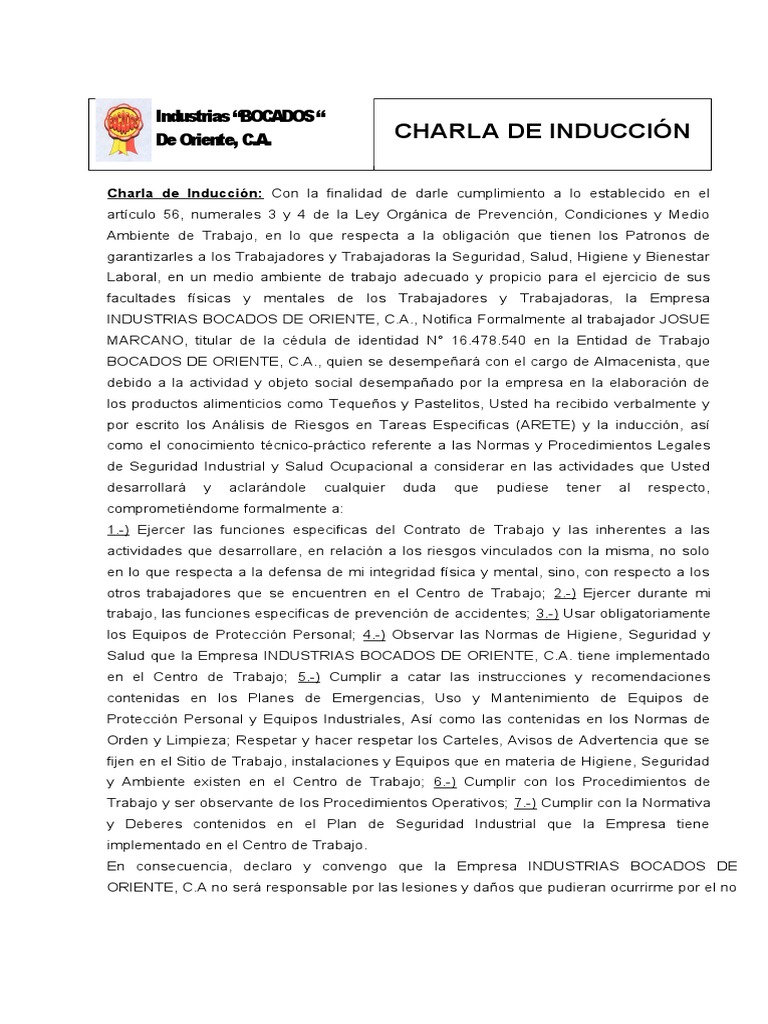 123 Charla de Inducción | PDF | Seguridad y salud ocupacional