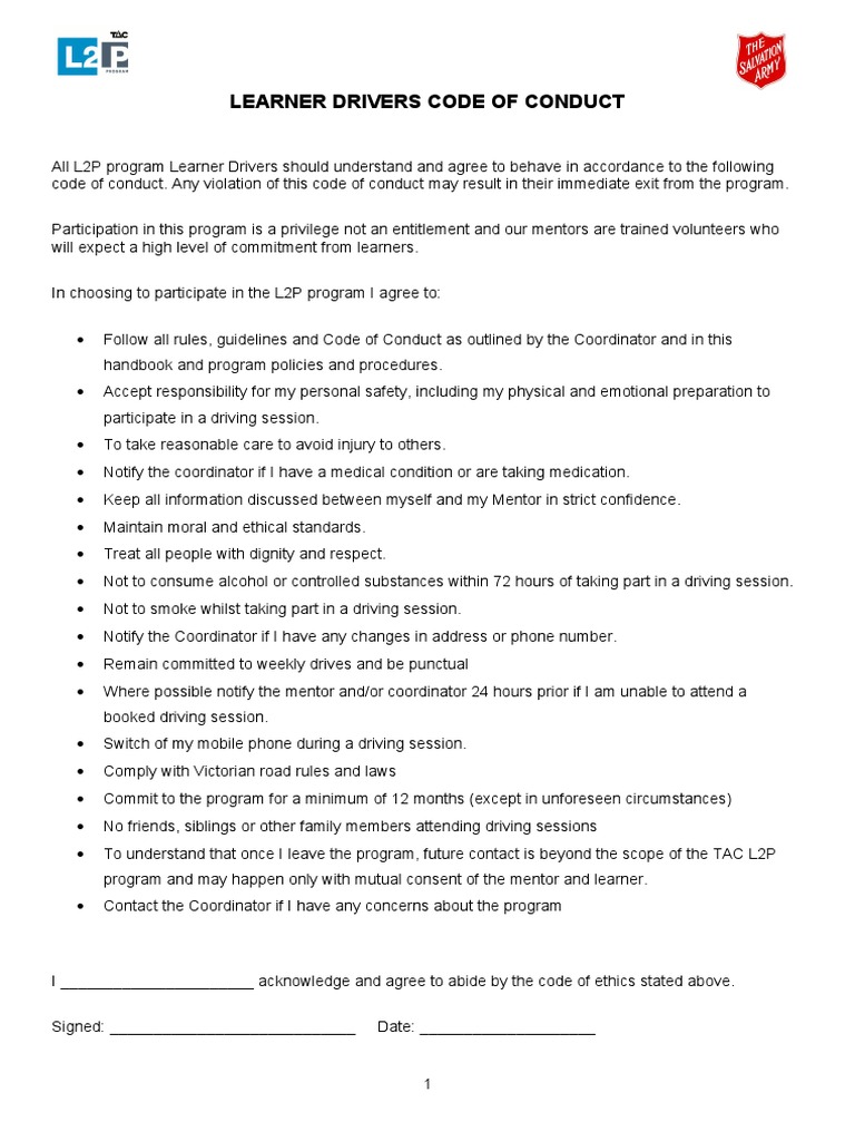 Learner Driver Code of Conduct (12030303) | PDF