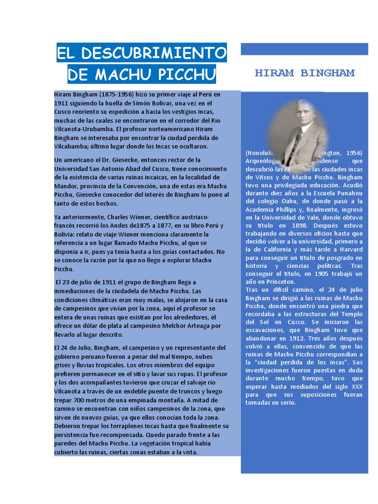 Descubrimiento de Machu Picchu por Bingham | PDF | Machu Picchu