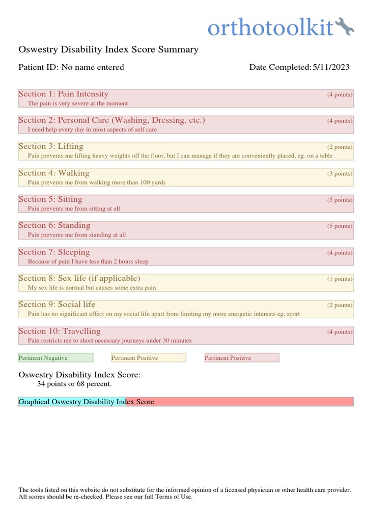 OrthoToolKit Oswestry Disability Index Report | PDF