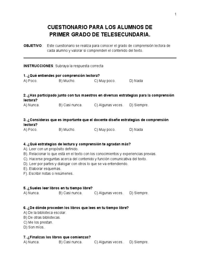 Cuestionario Comprensión Lectora Telesecundaria | PDF | Comprensión lectora | Modificación de ...