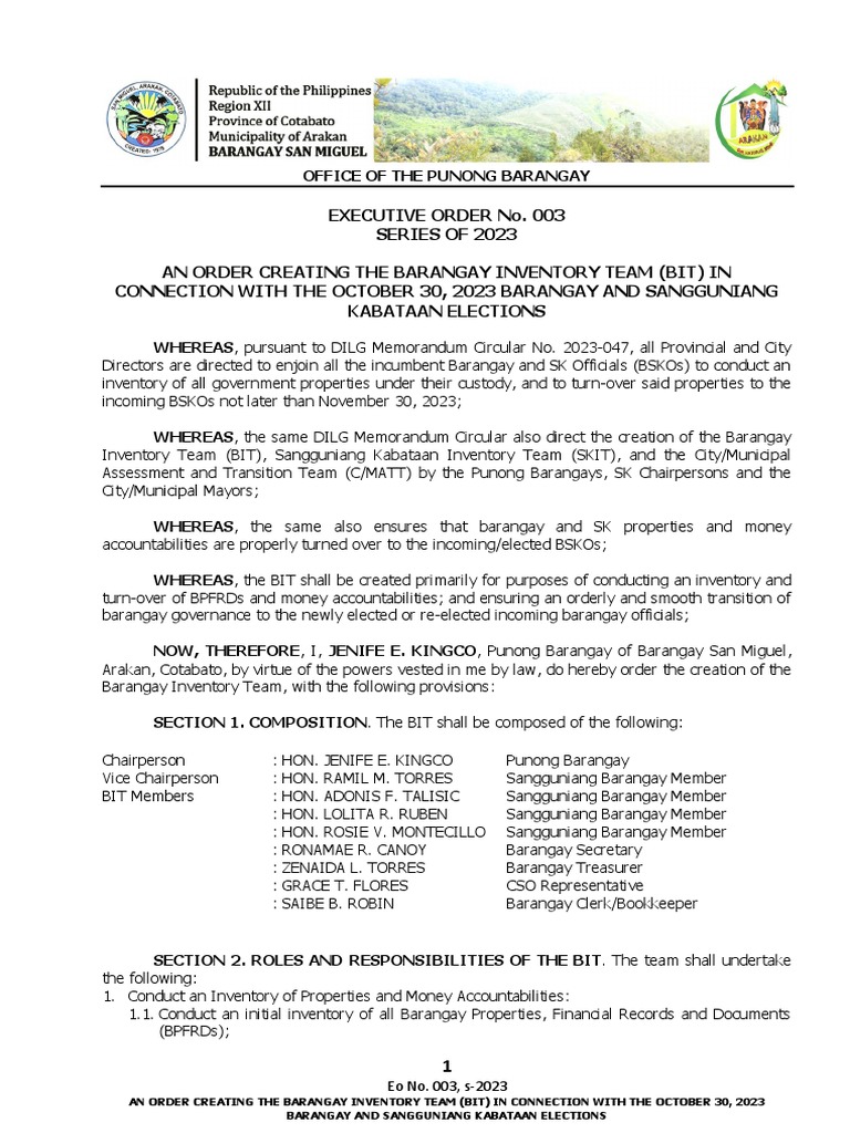 Barangay Inventory Team Creation Order | PDF | Home & Garden