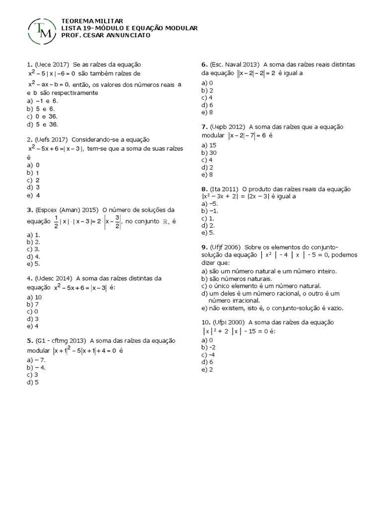 LISTA 19- MÓDULO E EQUAÇÃO MODULAR | PDF | Equações | Número real