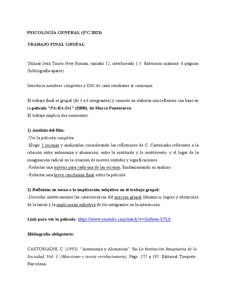 Consigna Trabajo Final 1 C 2023 | PDF | Subjetividad | Sicología