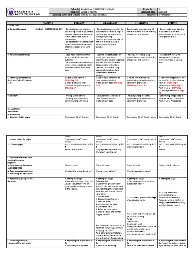 Grade 5 DLL English 5 Q4 Week 7 | PDF | English Language | Sentence ...