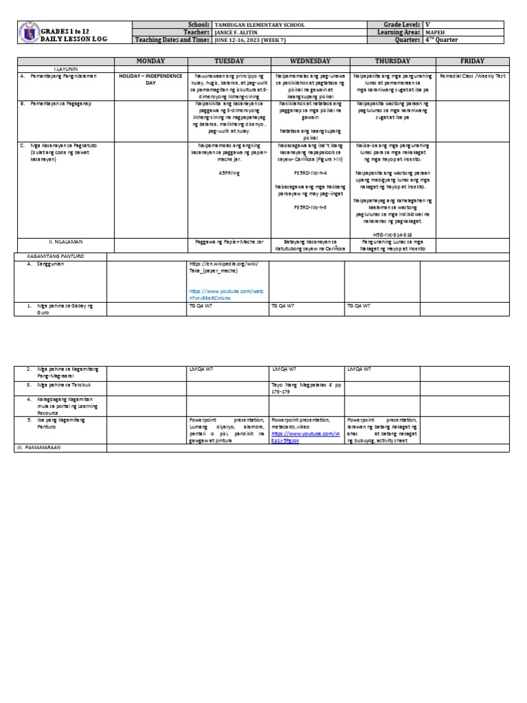 Grade 5 DLL MAPEH 5 Q4 Week 7 | PDF