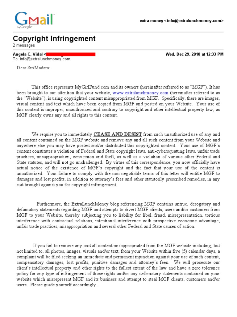 MyGirlFund Alleged Copyright Infringement Letter 1 | PDF | Copyright ...