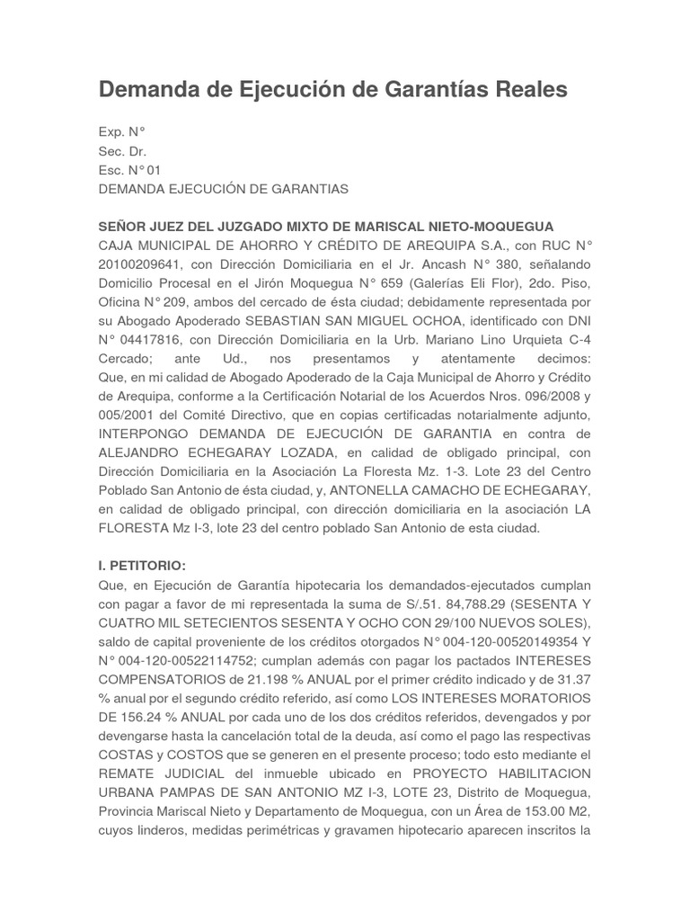 Demanda de Ejecución de Garantías Reales | PDF