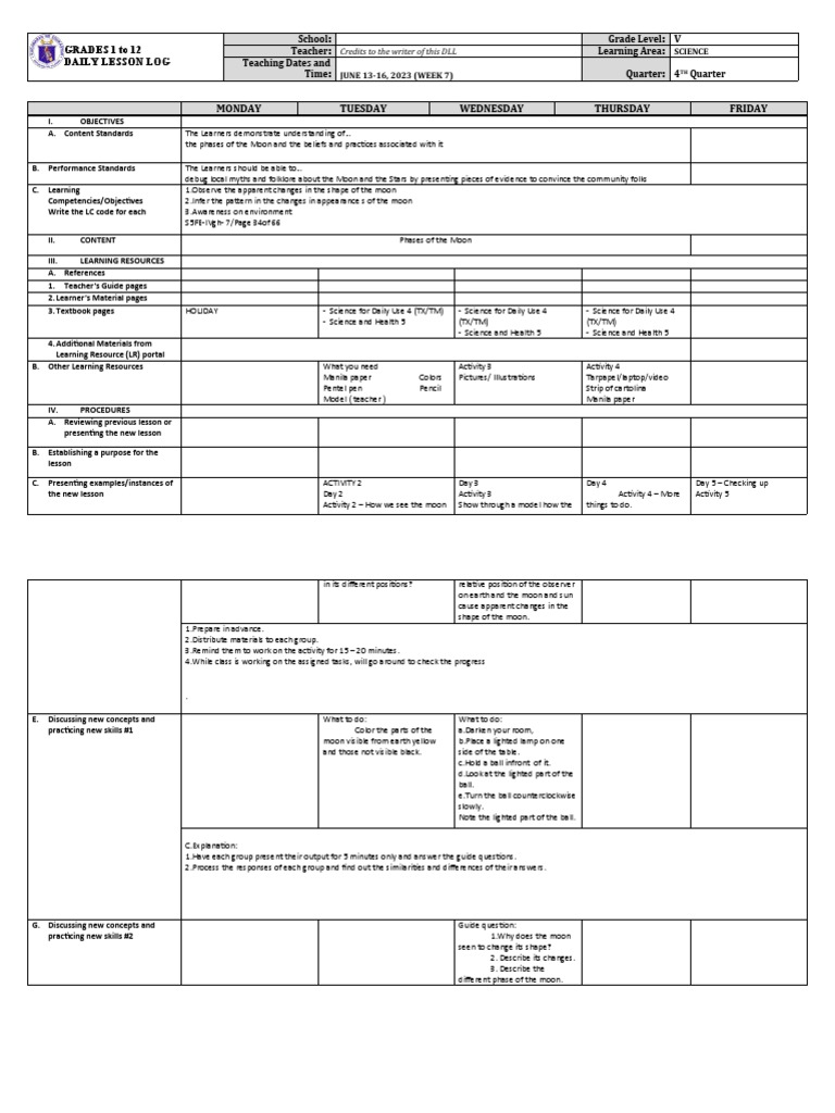 Grade 5 DLL Science 5 q4 Week 7 | PDF | Learning | Cognition
