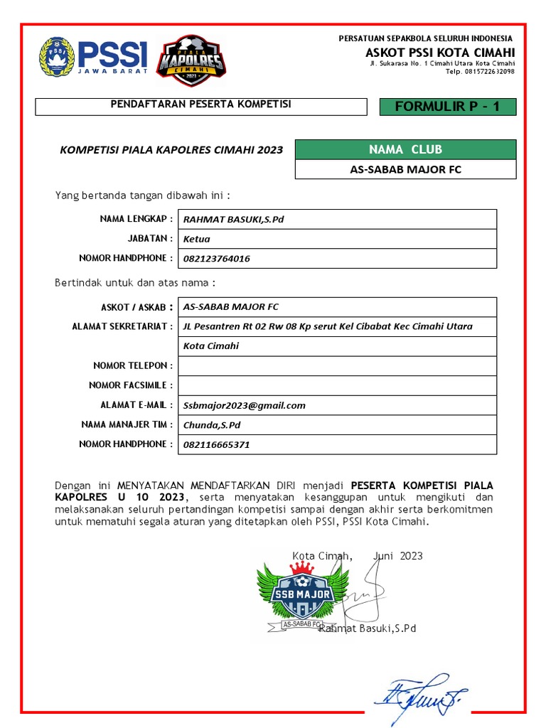 P1 - Form Pendaftaran As-Sabab U 10 | PDF