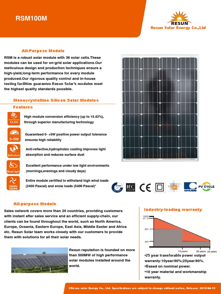 Ficha Técnica Panel Solar 100 Watt Resun | PDF | Solar Panel | Nature