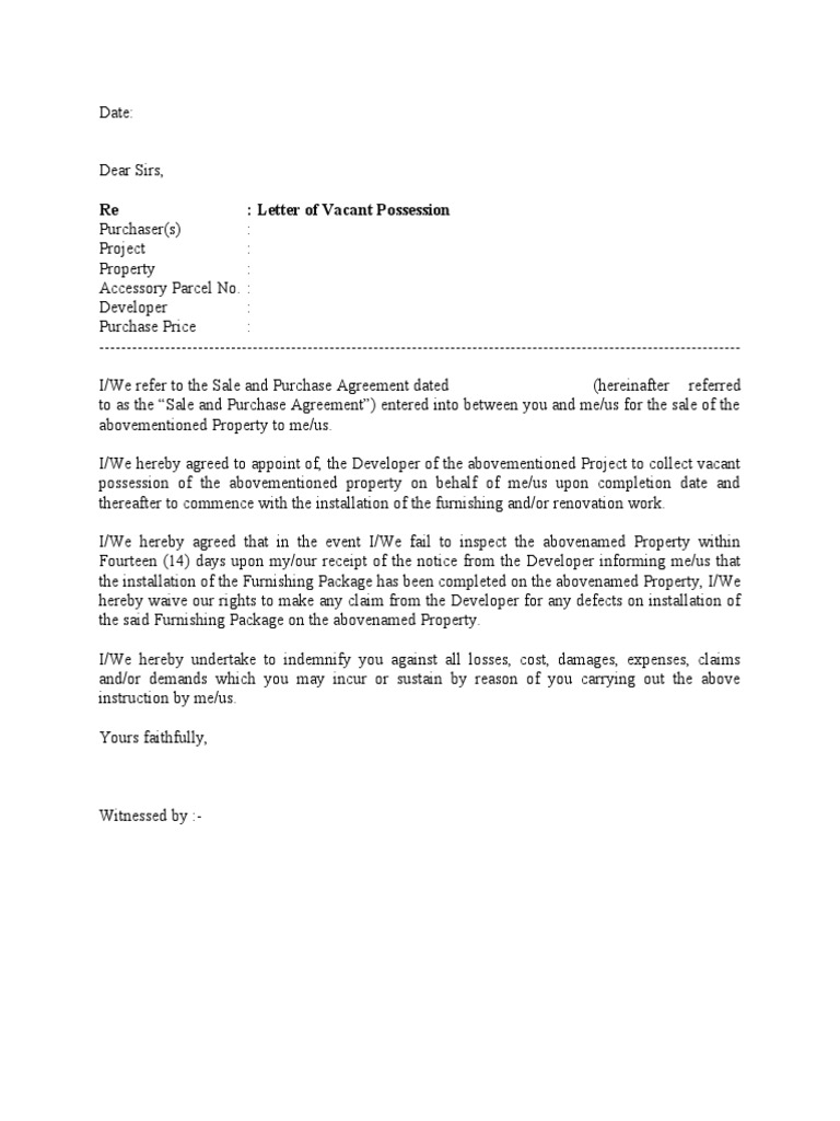 Letter of Consent (Appointing Dev To Collect Vacant Possession) | PDF