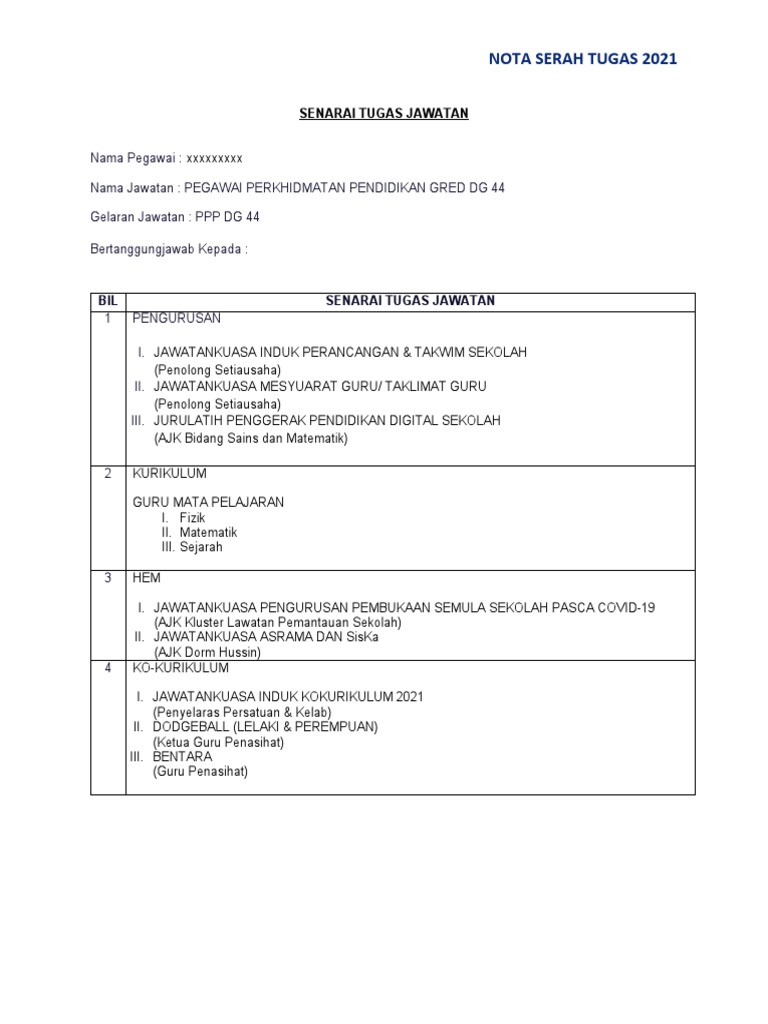 Contoh Nota Serah Tugas | PDF