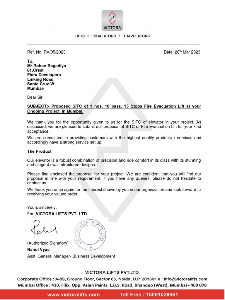 Proposal of SITC of Fire Evacuation Elevator at 81 Crest | PDF