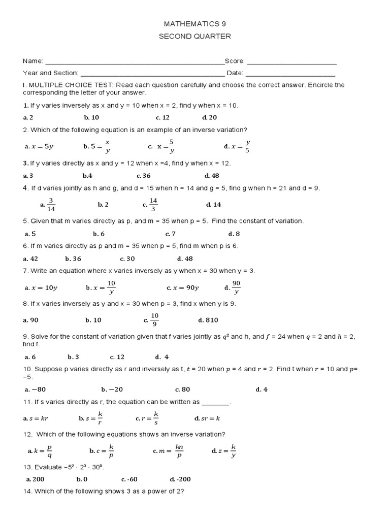 2nd Periodical Test Math 9 | PDF