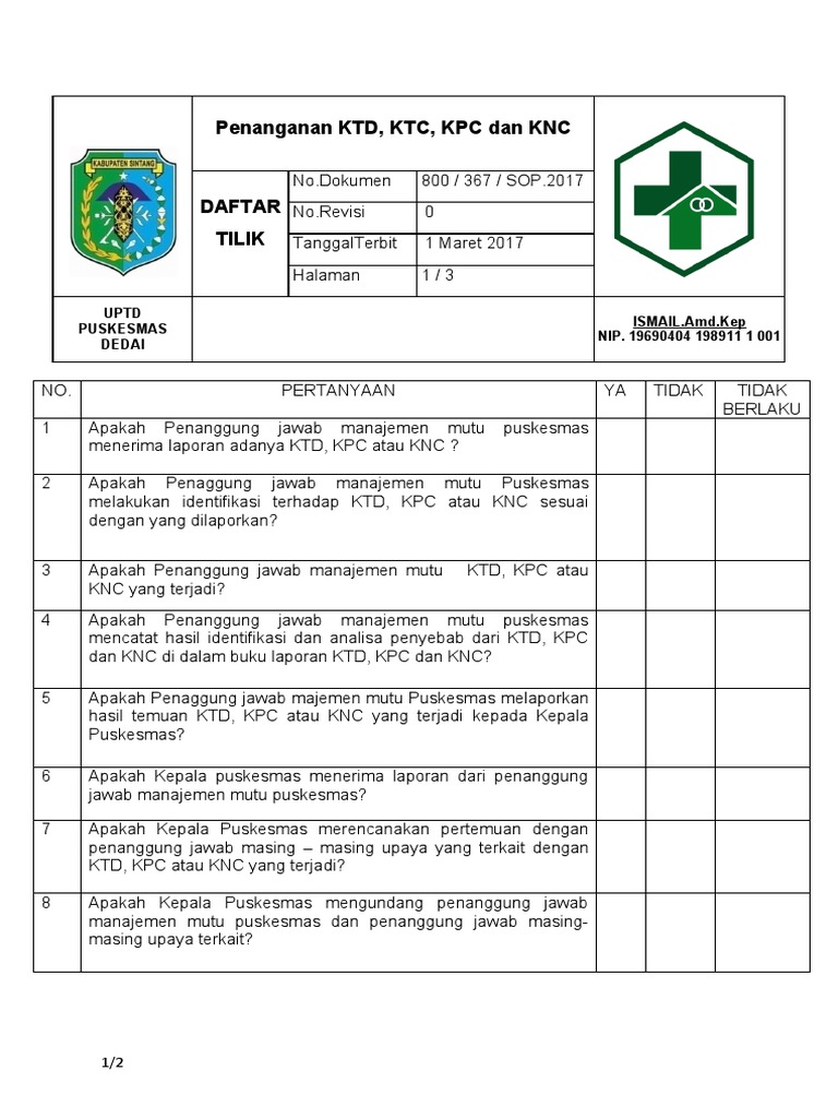 Daftar Tilik Penanganan KTD, KTC, KPC Dan KNC Siip | PDF