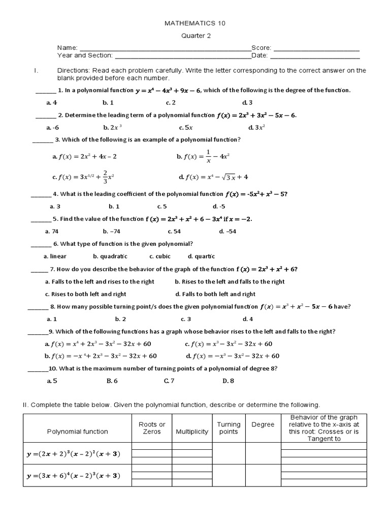 Polynomial Functions Practice Test | PDF | Polynomial | Function ...