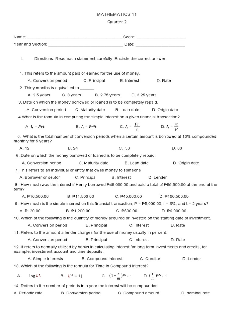 2nd Periodical Test MATH11 | PDF | Interest | Compound Interest
