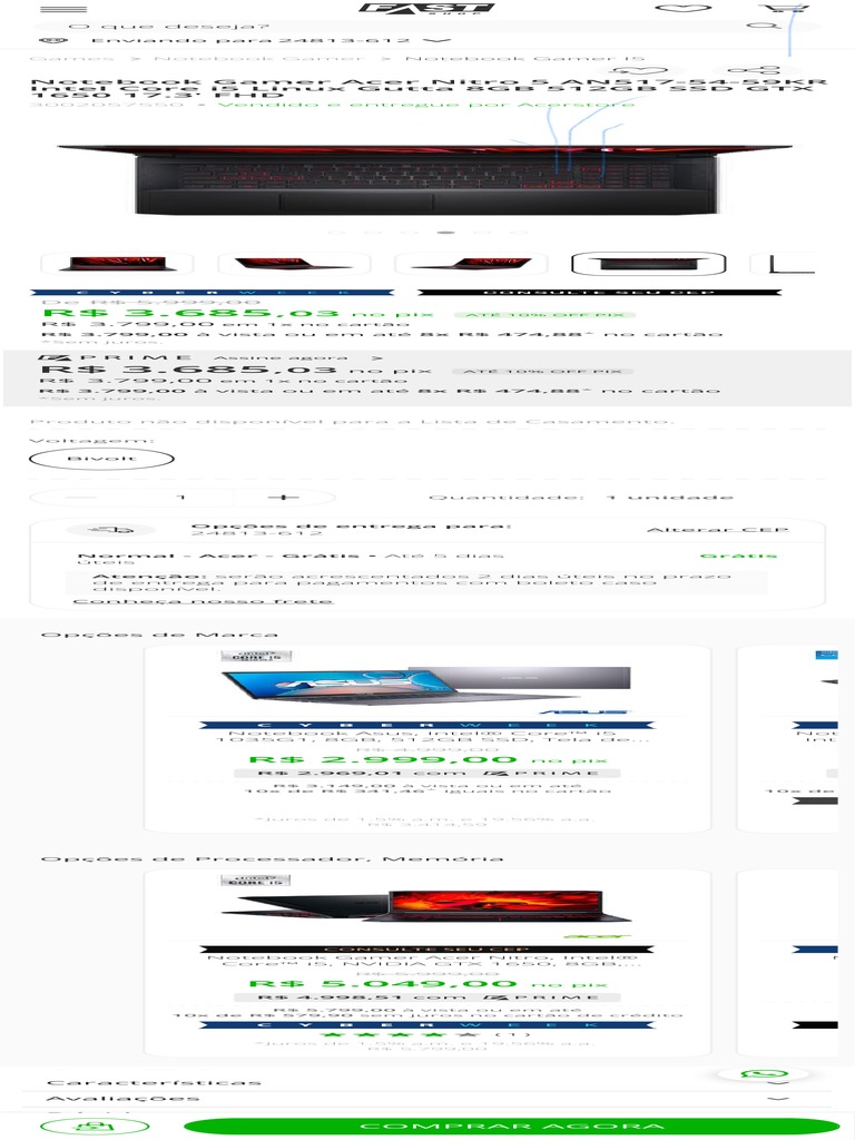 Notebook Gamer Acer Nitro 5 AN517!54!59KR Intel Core I5 Linux Gutta 8GB ...