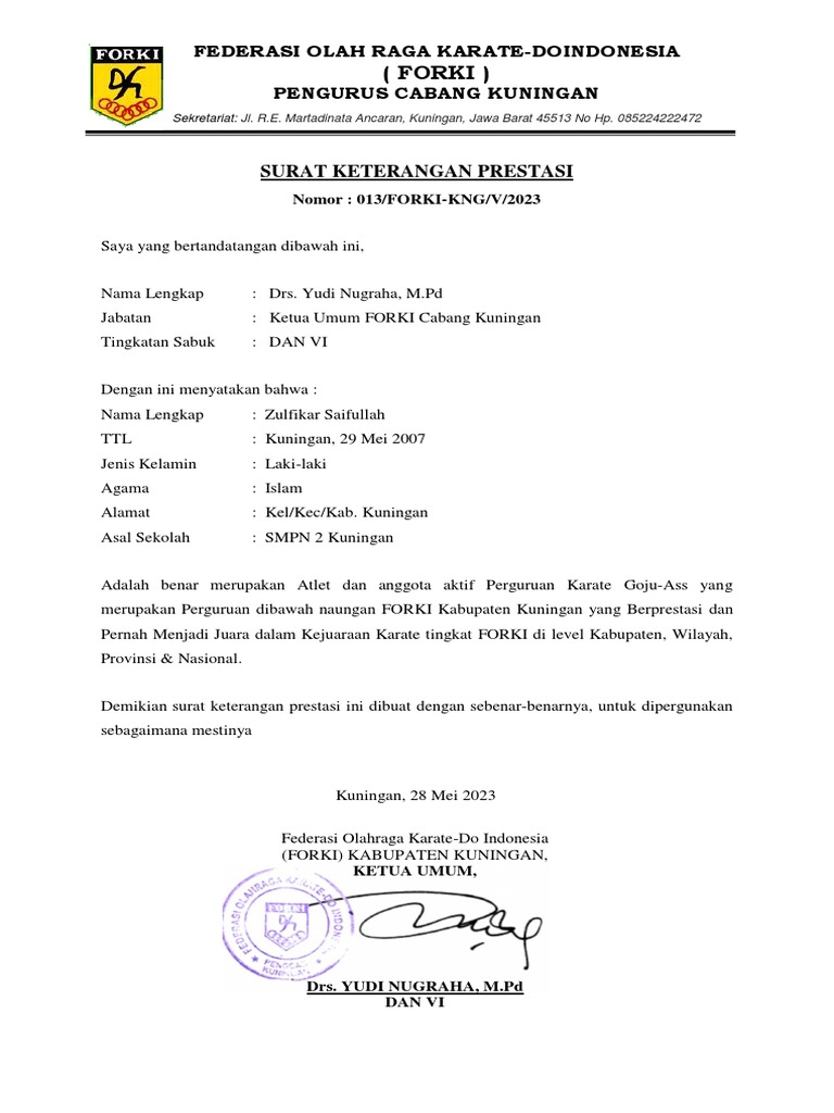 013 SURAT Keterangan Prestasi - Zulfikar | PDF