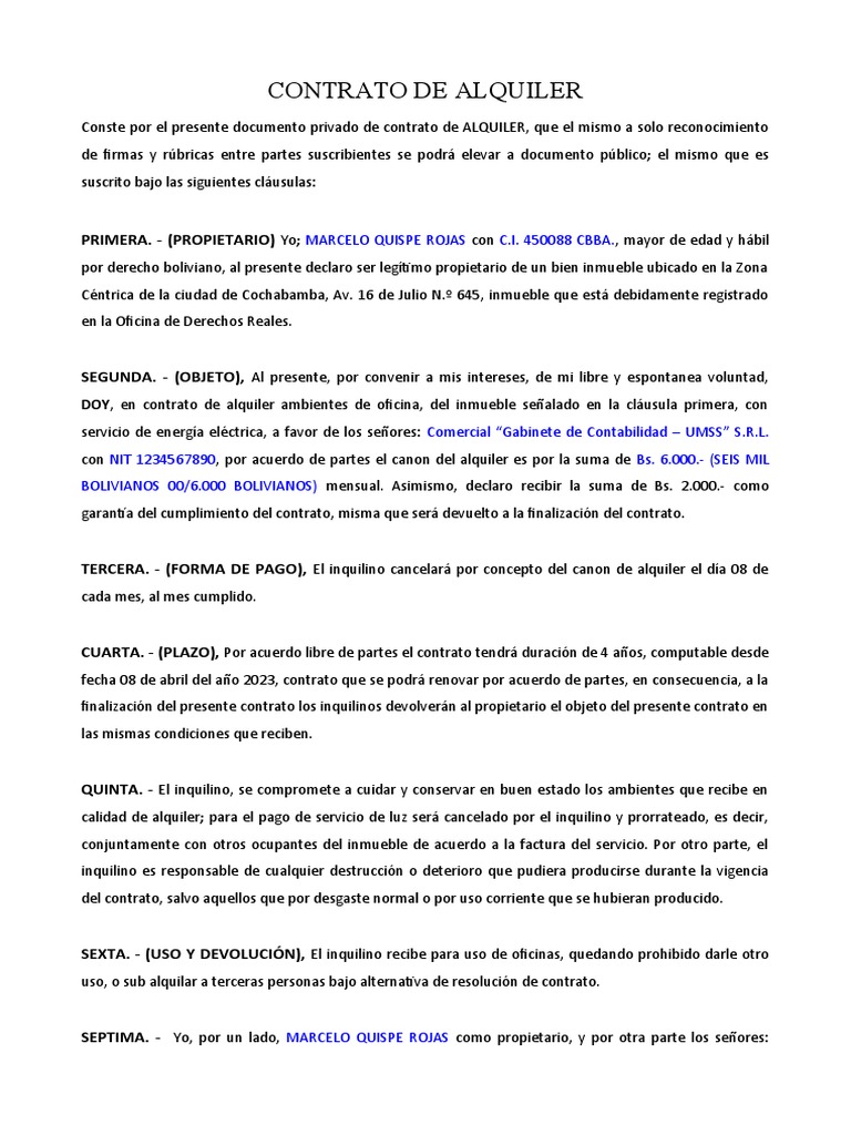 Modelo de Contrato de Alquiler Bolivia Actualizado Tienda de Tela | PDF