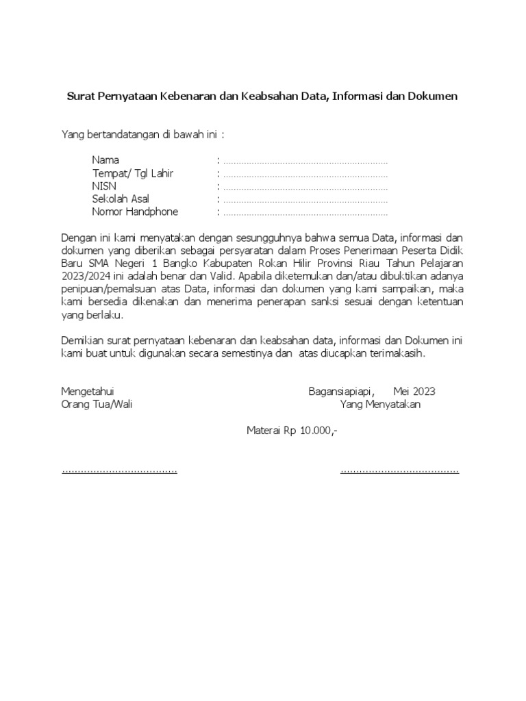 Surat Pernayataan Kebenaran Dan Keabsahan Data SMA Dan SMK PPDB | PDF | Olahraga & Rekreasi