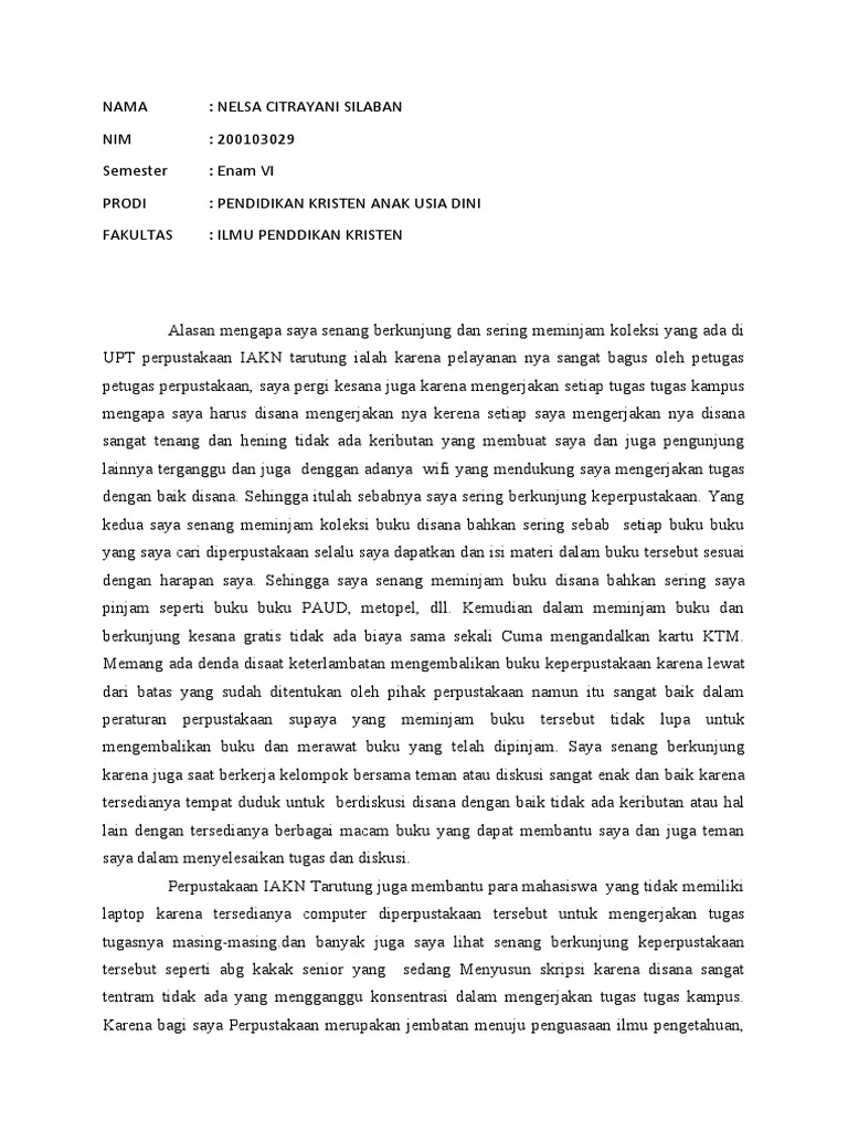 Nelsa Citrayani Silaban. Isi Cerita Pengalaman Berkunjung Ke Upt Perpustakaan Iakn Terutung | PDF