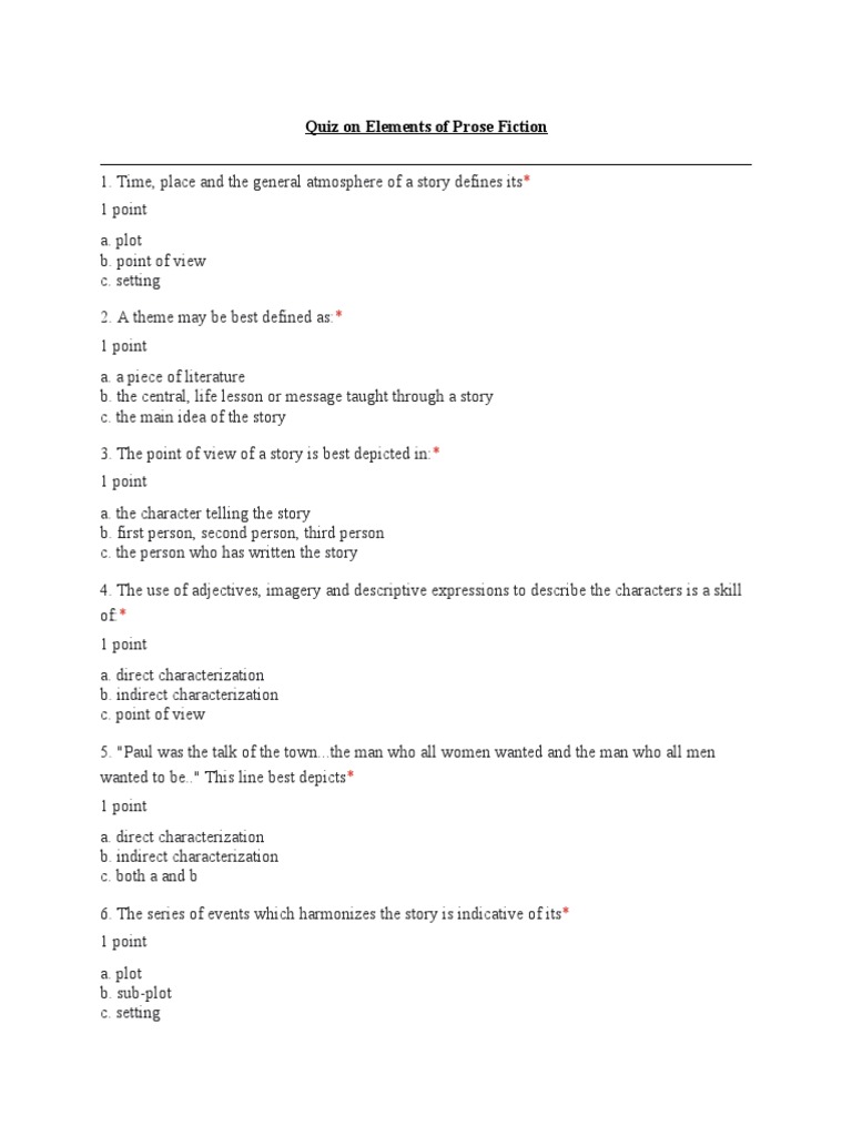Quiz on Elements of Prose Fiction | PDF | The Arts