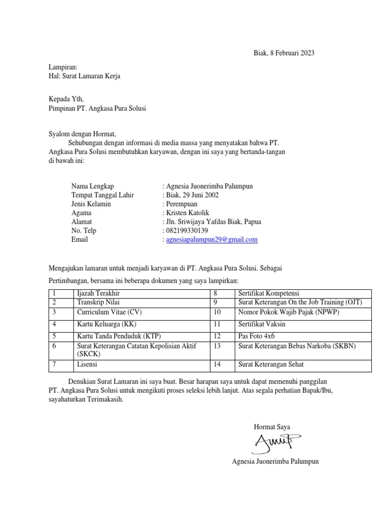 Surat Lamaran Kerja Agnesia 2023 | PDF