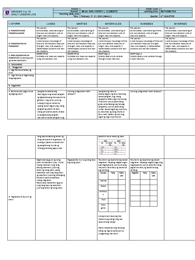 Mathematics-1 Q4 W6-DLL | PDF