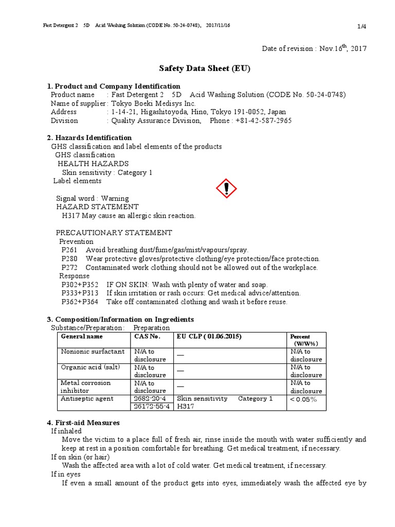 Fast Detergent 2 5D Acid Washing SDS | PDF | Dangerous Goods | Toxicity