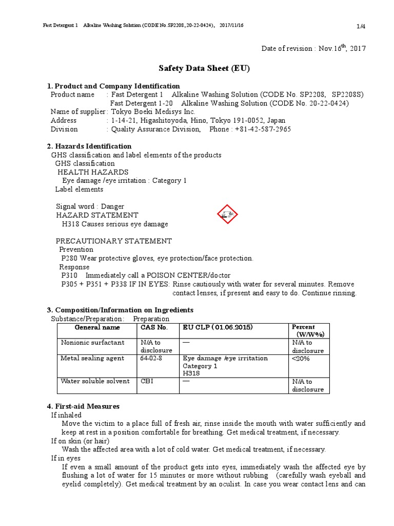 SDS Fast Detergent 1 (SP2208) EU English | PDF