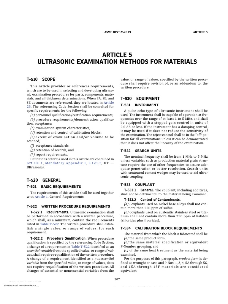 ASME Section V Article 5 (2019) | PDF | Calibration | Ultrasound