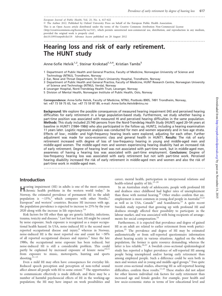 Hearing Loss and Risk of Early Retirement. The HUNT Study | PDF