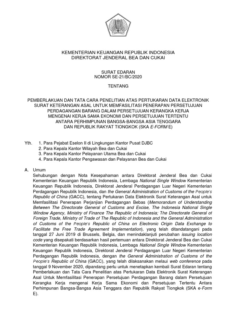 SE 21 - 2020 Pertukaran Data Elektronik SKA E-Form E PBB Asean Tiongkok ...