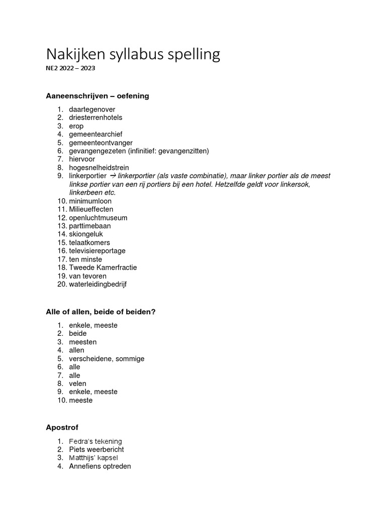 NE2 2022-2023 Antwoorden Syllabus Spelling | PDF