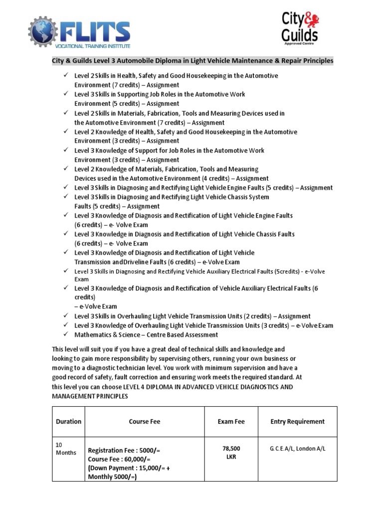 Level 3 Automobile Certificate in Light Vehicle Maintenance and Repair ...