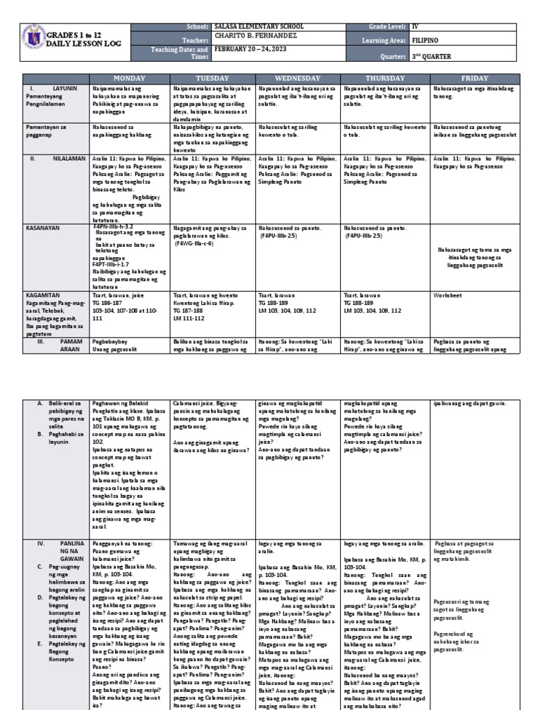 DLL - Filipino 4 - Q3 - W2 | PDF