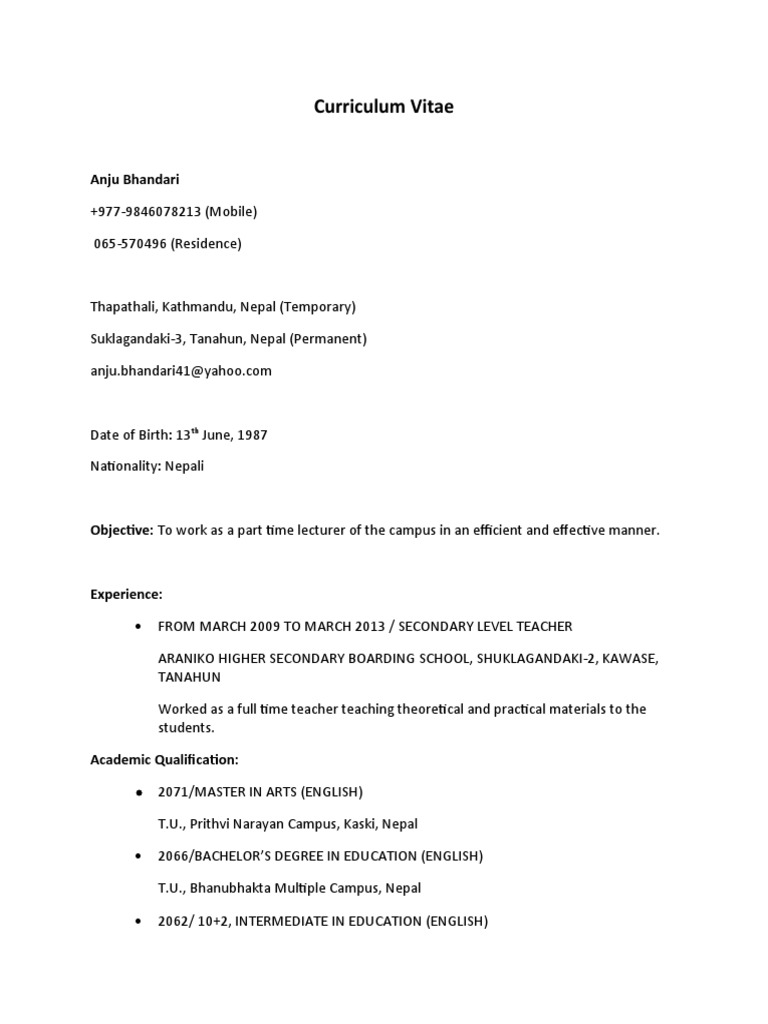 Anju Bhandari Resume | PDF