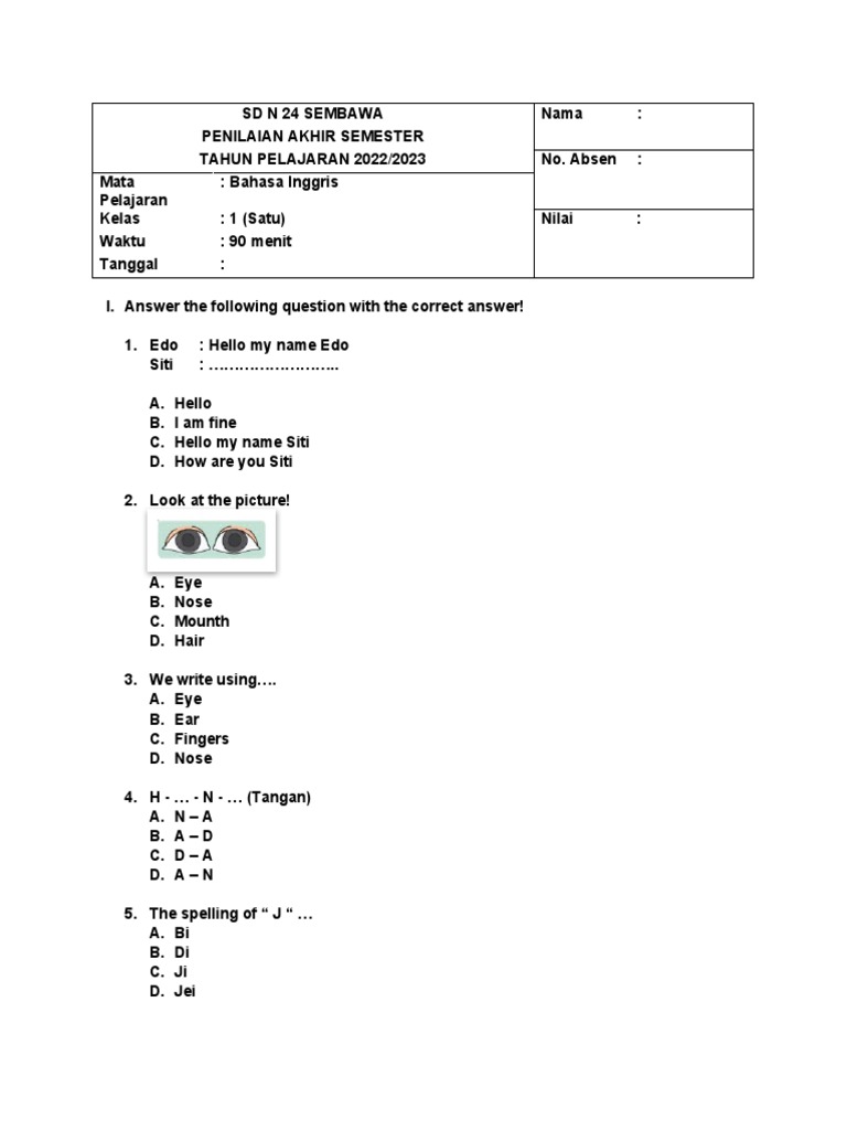 Soal Pas B Inggris Kelas 1 Pdf