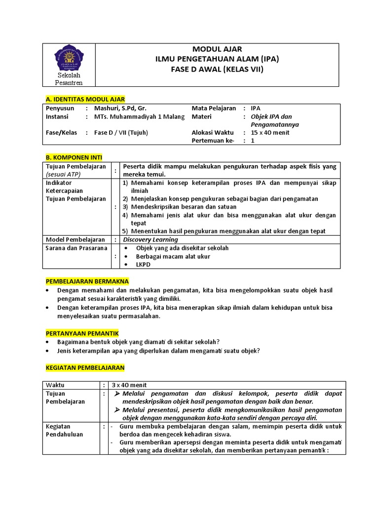 Modul Ajar 1 Pertemuan | PDF