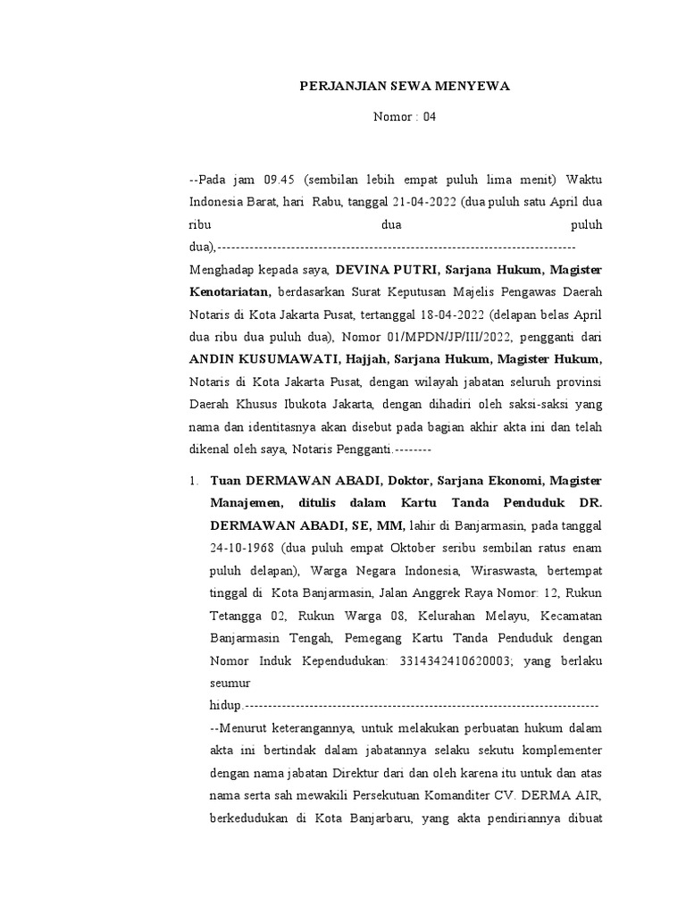 Contoh Perjanjian Sewa Menyewa | PDF