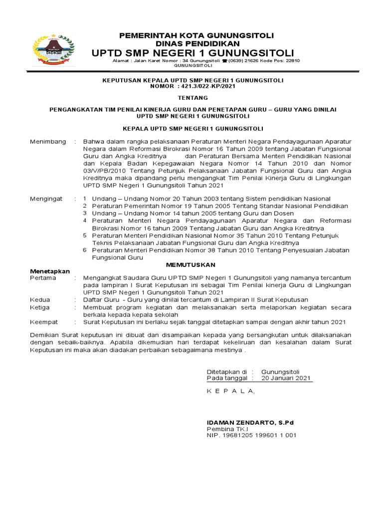 SK Tim Penilai Kinerja Guru (PKG) 2020 | PDF